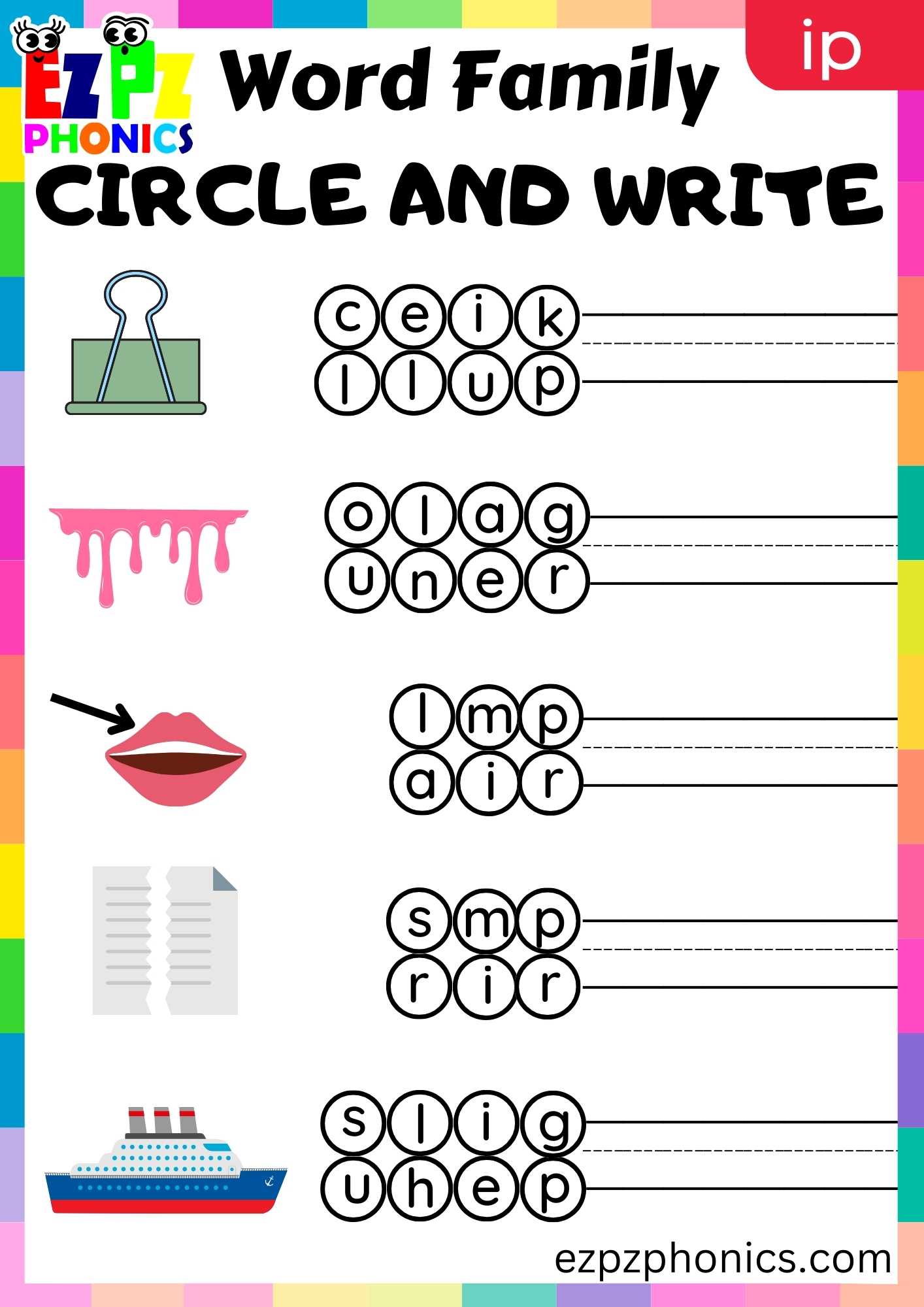 IP Words Circle And Write Phonics Word Families Worksheet - ezpzphonics.com